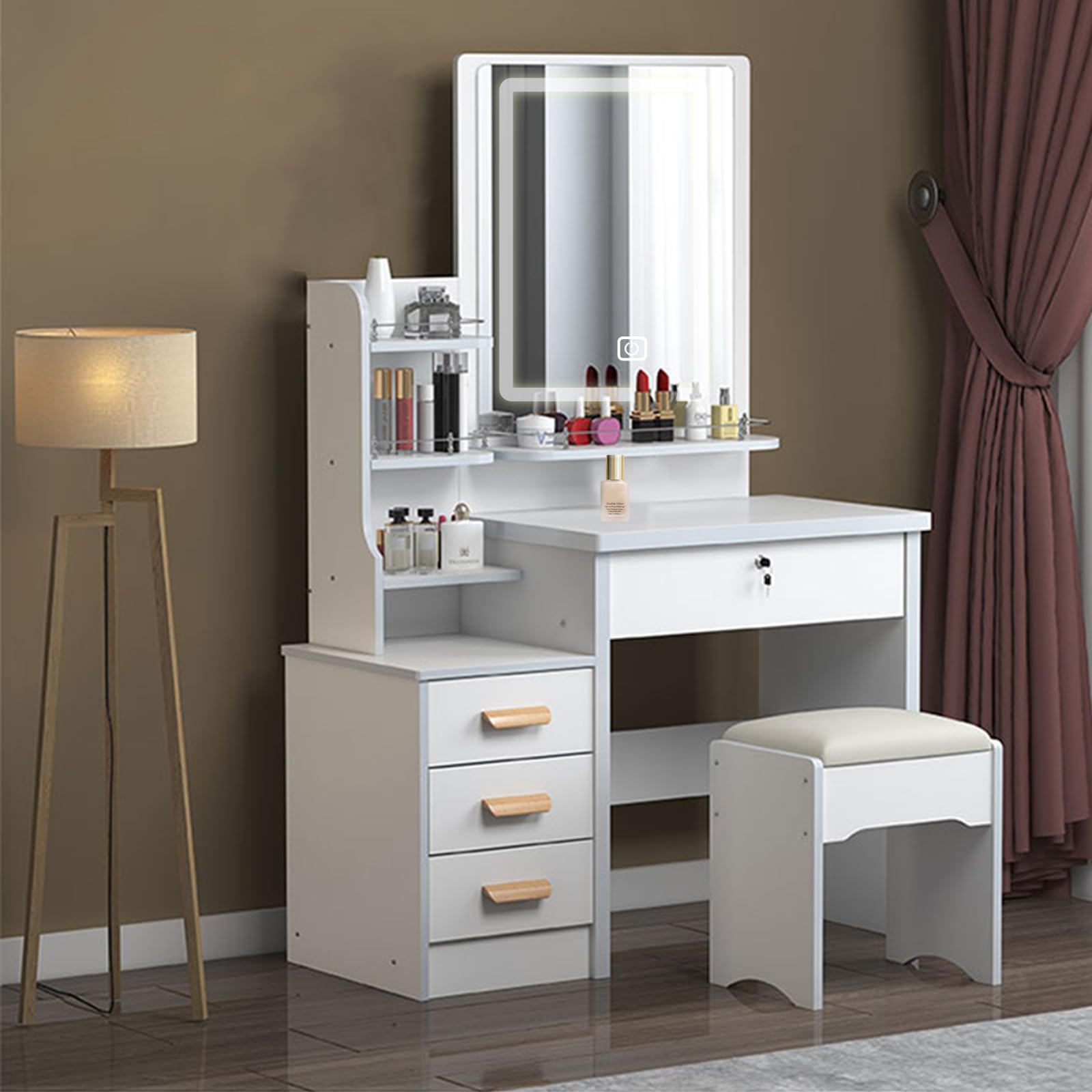 Vanity Desk, Makeup Vanity Desk with Sliding Mirror and Lights, Makeup Vanity Set with Drawers, Stool and Open Shelves, 3 Color Lighting Modes, Brightness Adjustable Dressing Table for Bedroom