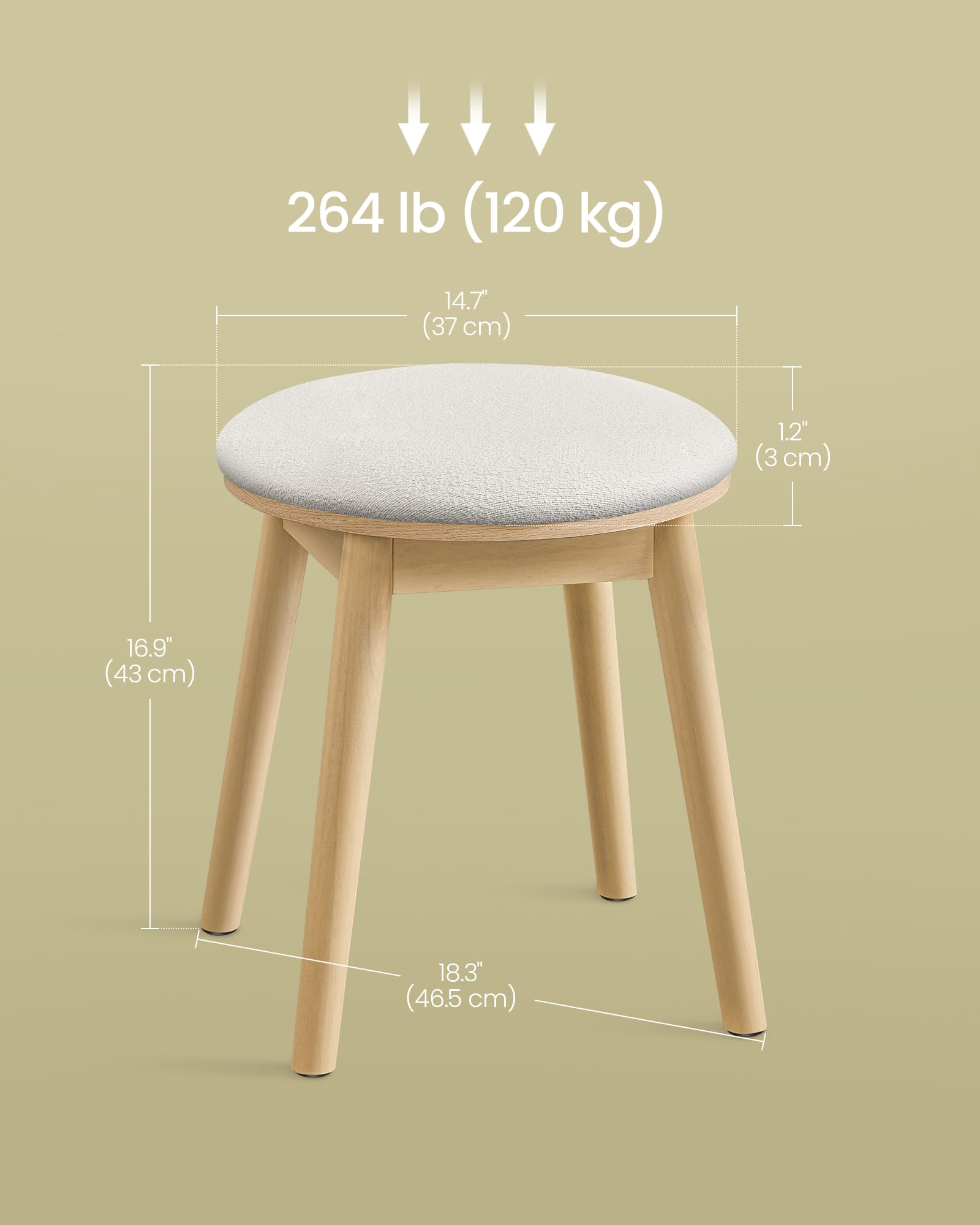 SONGMICS HOME BOHOVEN Collection - Vanity Stool, Upholstered Makeup Stool with Solid Wood Legs, Round Footstool, Non-Slip Foot Pads, Boho Style, for Bedroom, Makeup Room, Cream White and Oak Beige