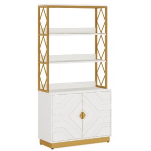 Tribesigns White and Gold Bookshelf with Doors: 70.9 Inches Tall Etagere Bookcase Set of 2, Modern Open Display Book Shelves with Metal Frame for Living Room Bedroom Office