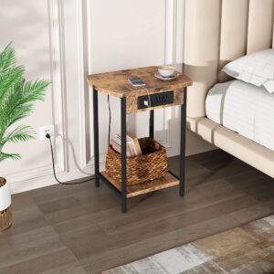 SOOWERY Set of 2 End Tables with Charging Station, Side Tables with USB Ports and Outlets, Nightstands with Storage Shelf for Living Room, Bedroom, Rustic Brown