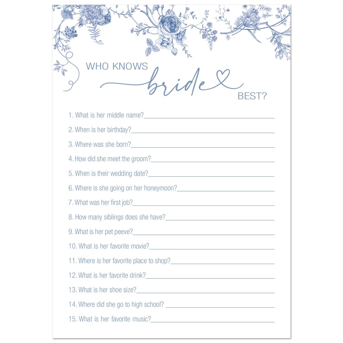 24 Blue Vintage Floral Bridal Shower Games (Who Knows Bride Best)