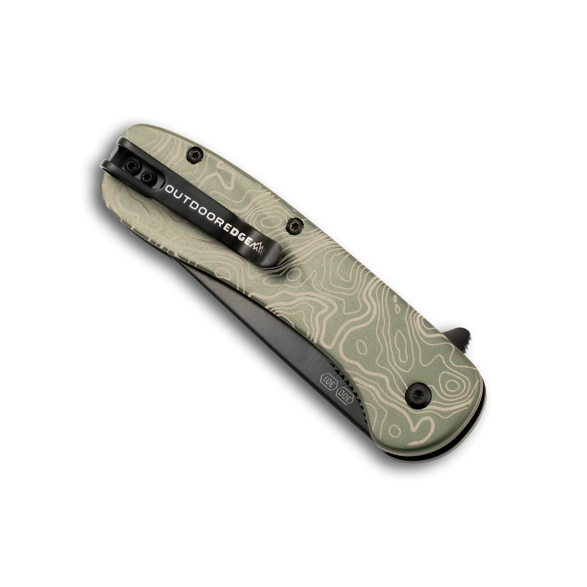 OUTDOOR EDGE RAZOR VX1 | Topo Map Etching | Replaceable Blade EDC Flipper Folding Pocket Knife | 3" Stainless Blade, Green Anodized Aluminum Handle, Reversible Pocket Clip | Cool Knife for Men