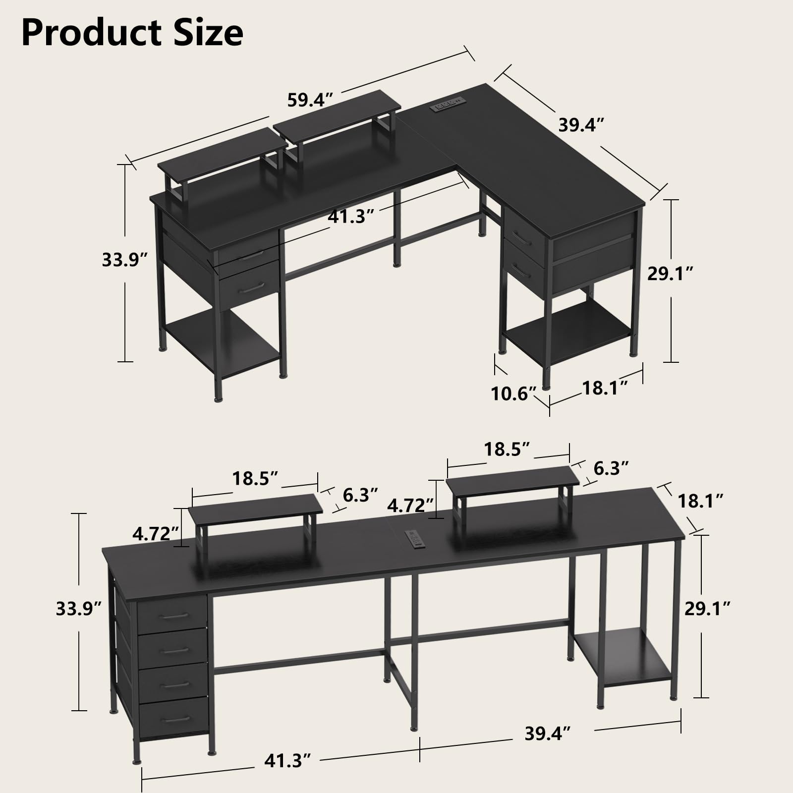 Korfile L Shaped Computer Desk with Power Outlets, Corner Desk with 2 Monitor Stands, Home Office Desk with 4 Adjustable Storage Drawers & Shelves, Large Gaming Desk for Bedroom, 59 inch, Black