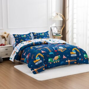 Holawakaka Trucks Tractors Cars Boy Bedding Comforter Set with Sheets, Full Size Cartoon Construction Car Excavator Print Kids Bed in A Bag 5-Piece, Boys Reversible Dorm Bed Sets (Navy Blue Full)