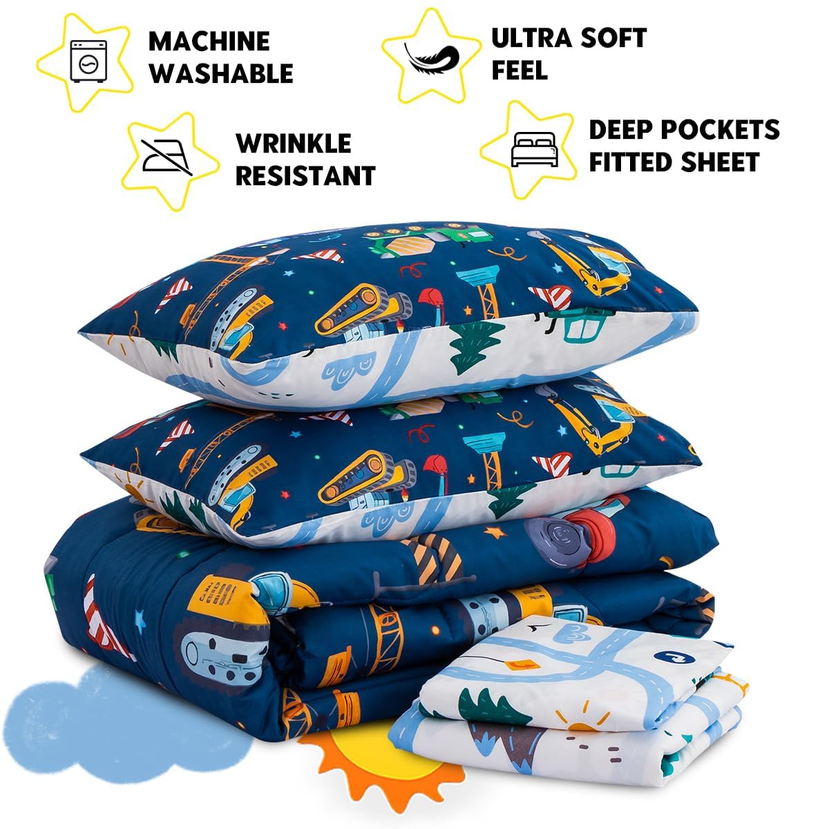 Holawakaka Trucks Tractors Cars Boy Bedding Comforter Set with Sheets, Full Size Cartoon Construction Car Excavator Print Kids Bed in A Bag 5-Piece, Boys Reversible Dorm Bed Sets (Navy Blue Full)