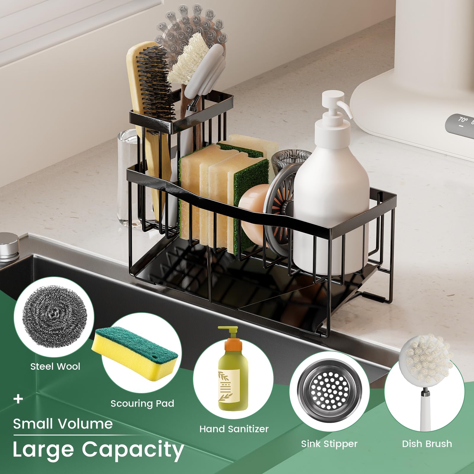 CasaCulina Sponge Holder for Kitchen Sink, Sink Caddy with Detachable Brush Holder and Stainless Steel Self Drain Tray, Rustproof Sink Organizer for Countertop Dish Soap Dispenser Brush Storage