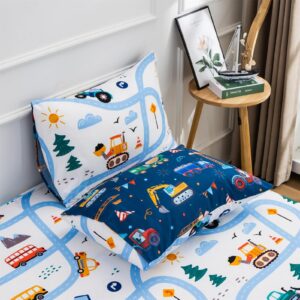 Holawakaka Trucks Tractors Cars Boy Bedding Comforter Set with Sheets, Full Size Cartoon Construction Car Excavator Print Kids Bed in A Bag 5-Piece, Boys Reversible Dorm Bed Sets (Navy Blue Full)