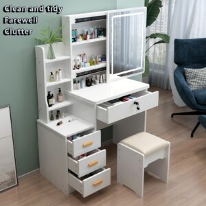 Vanity Desk, Makeup Vanity Desk with Sliding Mirror and Lights, Makeup Vanity Set with Drawers, Stool and Open Shelves, 3 Color Lighting Modes, Brightness Adjustable Dressing Table for Bedroom