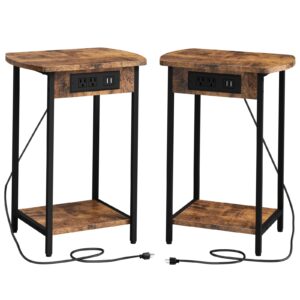 soowery set of 2 end tables with charging station, side tables with usb ports and outlets, nightstands with storage shelf for living room, bedroom, rustic brown