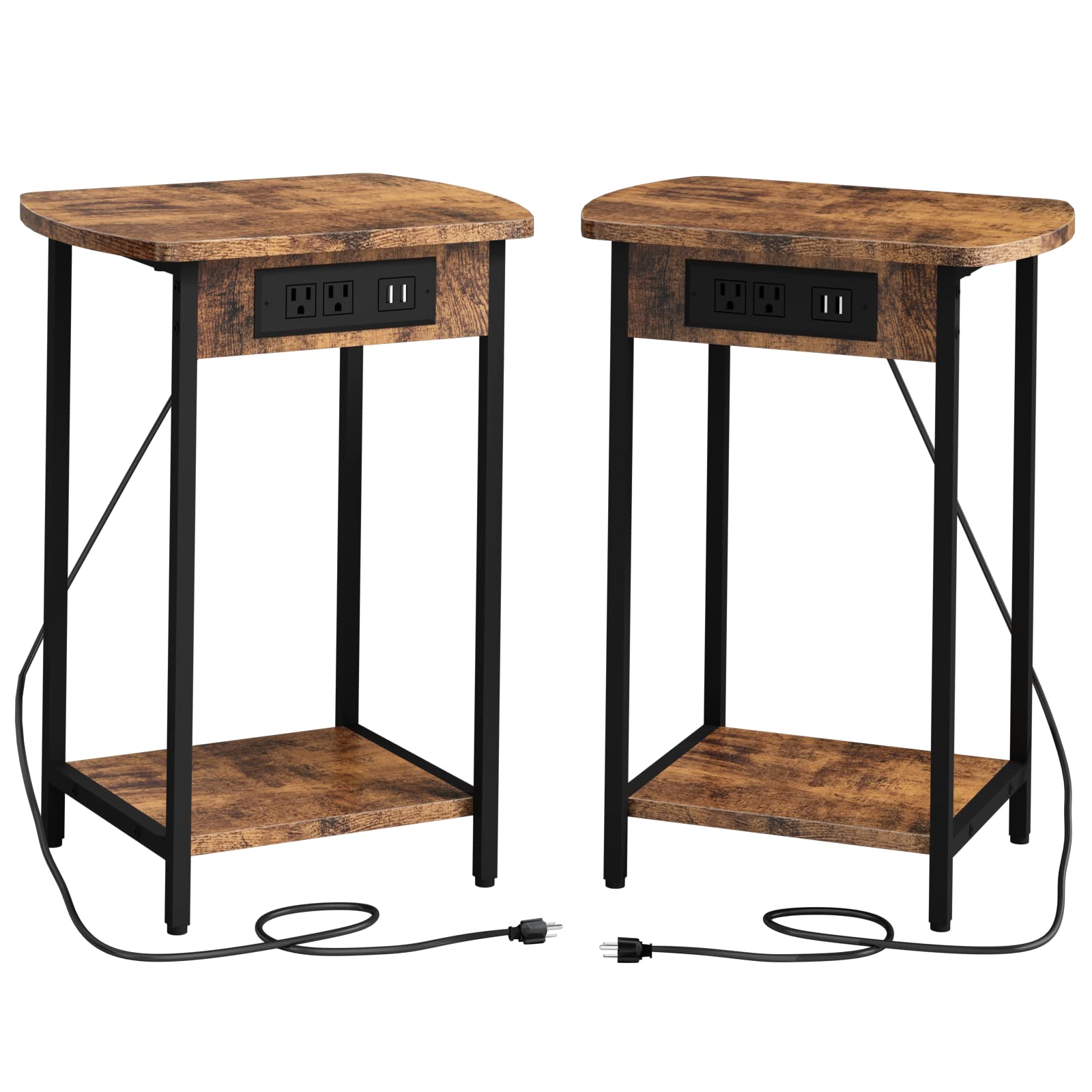 SOOWERY Set of 2 End Tables with Charging Station, Side Tables with USB Ports and Outlets, Nightstands with Storage Shelf for Living Room, Bedroom, Rustic Brown