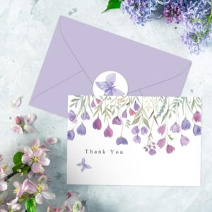 Whaline 32 Pack Purple Floral Thank You Cards Wildflower Greeting Cards with Envelopes Stickers Blank Note Cards for Wedding Bridal Baby Shower Birthday, 4 x 6 Inch