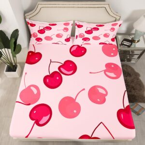 red cherry bedding set twin size,tropical delicious fruits fitted sheet for kids boys girls room decor,cherry modern fashion bed sheet,pink summer fruits fantasy sheet set 2pcs,1 pillowcase