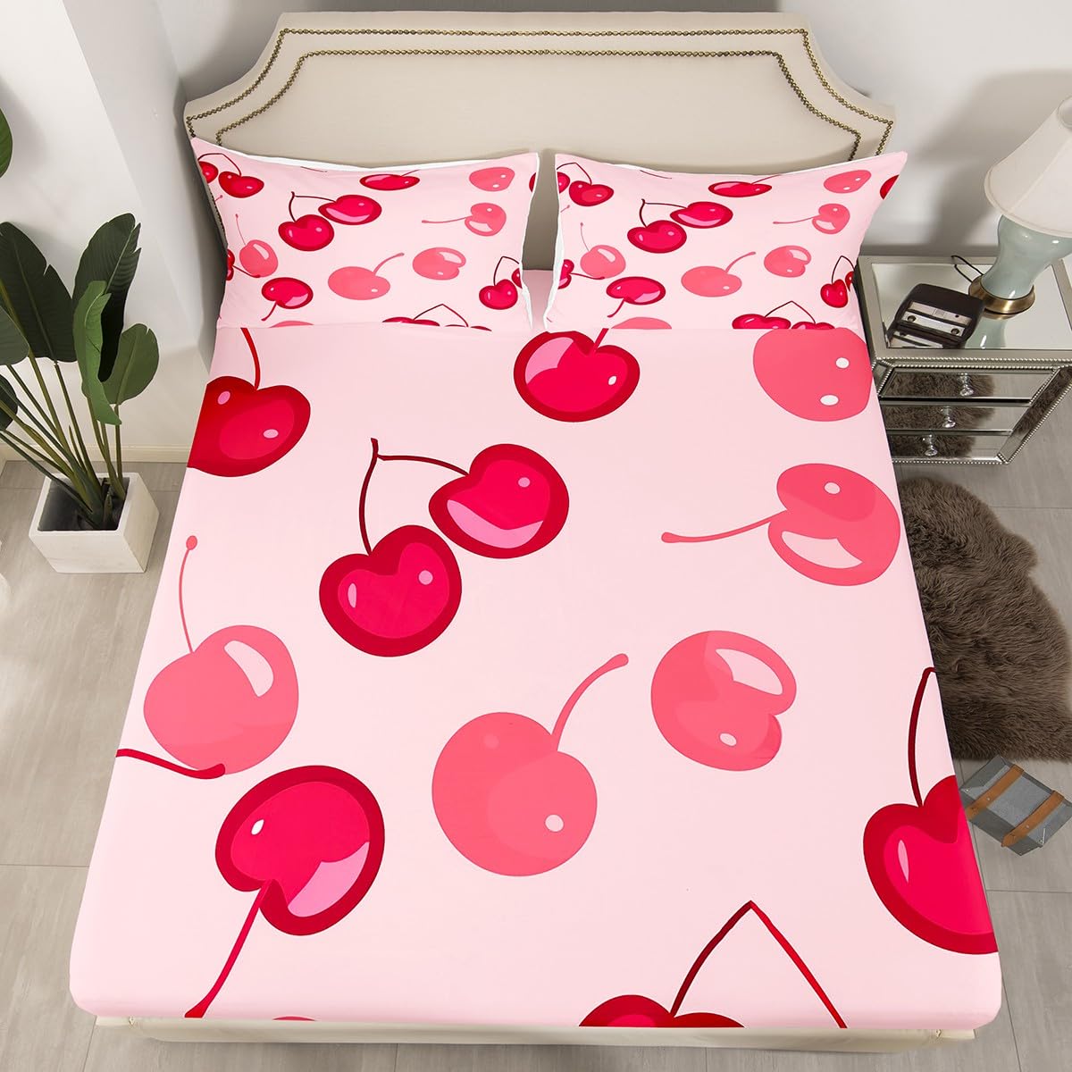 Red Cherry Bedding Set Twin Size,Tropical Delicious Fruits Fitted Sheet for Kids Boys Girls Room Decor,Cherry Modern Fashion Bed Sheet,Pink Summer Fruits Fantasy Sheet Set 2Pcs,1 Pillowcase