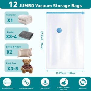 CasaCulina 12 Jumbo Space Saver Vacuum Storage Bags with Electric Pump, Vacuum Packing Seal Bags for Clothing, Clothes, Comforters, Blankets, Travel Vacuum Compression Sealer Bags for Luggage