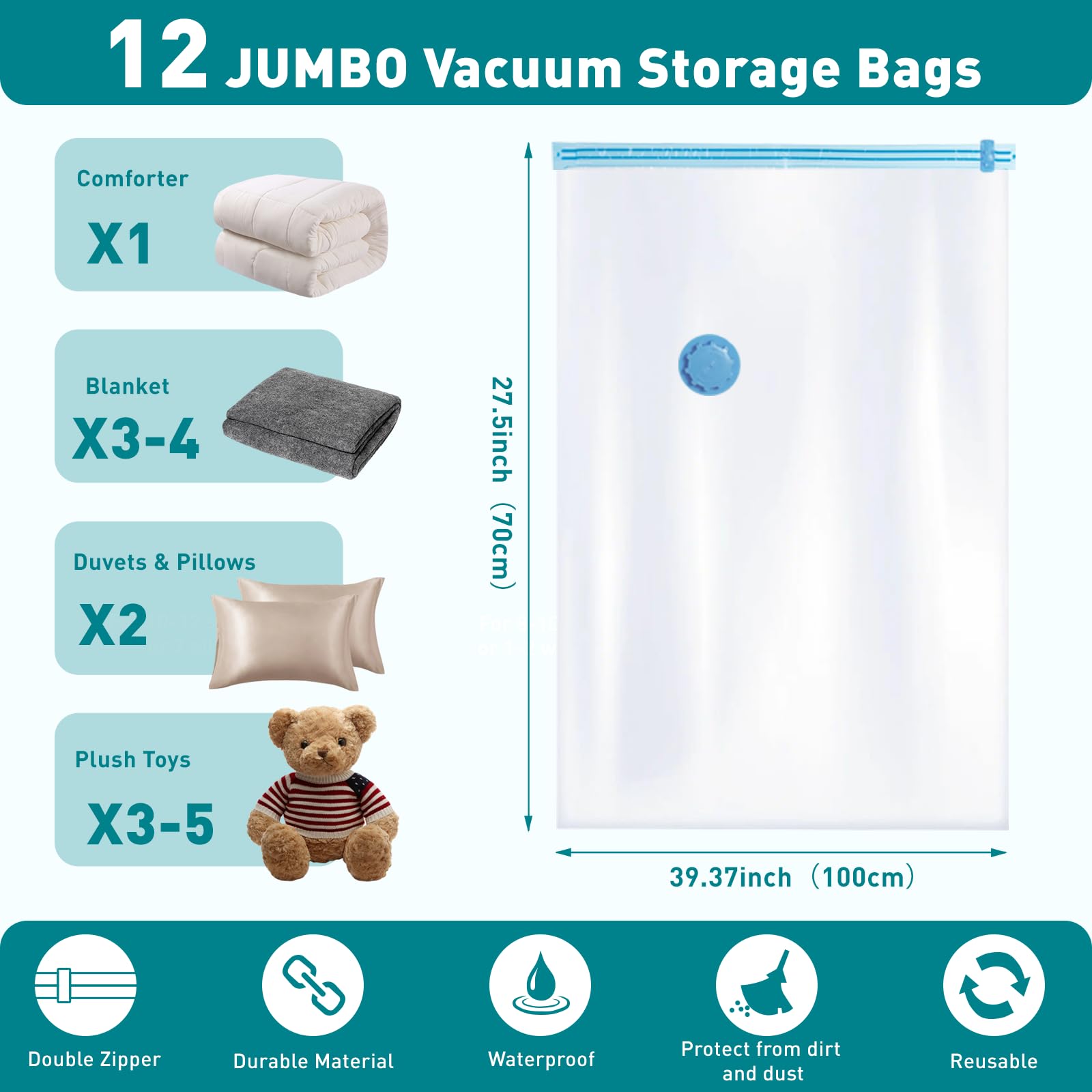 CasaCulina 12 Jumbo Space Saver Vacuum Storage Bags with Electric Pump, Vacuum Packing Seal Bags for Clothing, Clothes, Comforters, Blankets, Travel Vacuum Compression Sealer Bags for Luggage