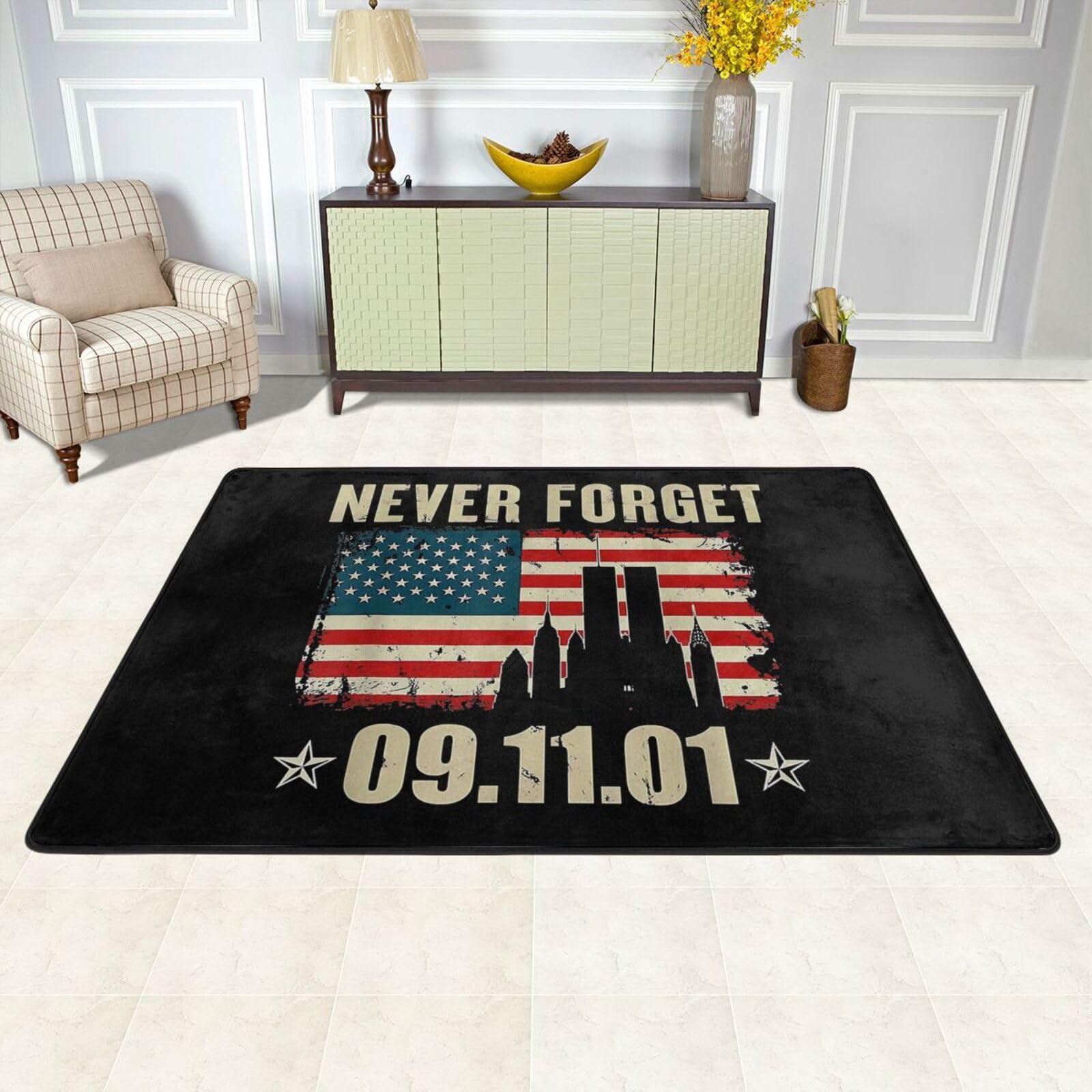 HYYTNHJSD Never Forget 911 Area Rug Anti-Slip Floor Mat 36"x24" for Family Living Room and Bedroom