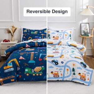 Holawakaka Trucks Tractors Cars Boy Bedding Comforter Set with Sheets, Full Size Cartoon Construction Car Excavator Print Kids Bed in A Bag 5-Piece, Boys Reversible Dorm Bed Sets (Navy Blue Full)