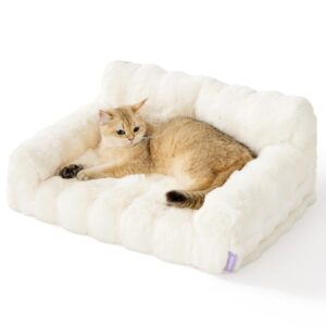 Lesure Orthopedic Cat Couch Bed, Cute Waterproof Cat Sofa with Supportive Egg Foam for Small Medium Dogs & Kittens, Washable Cat Chair with Fluffy Faux Fur Bubble Cover, Non-Slip Bottom, White