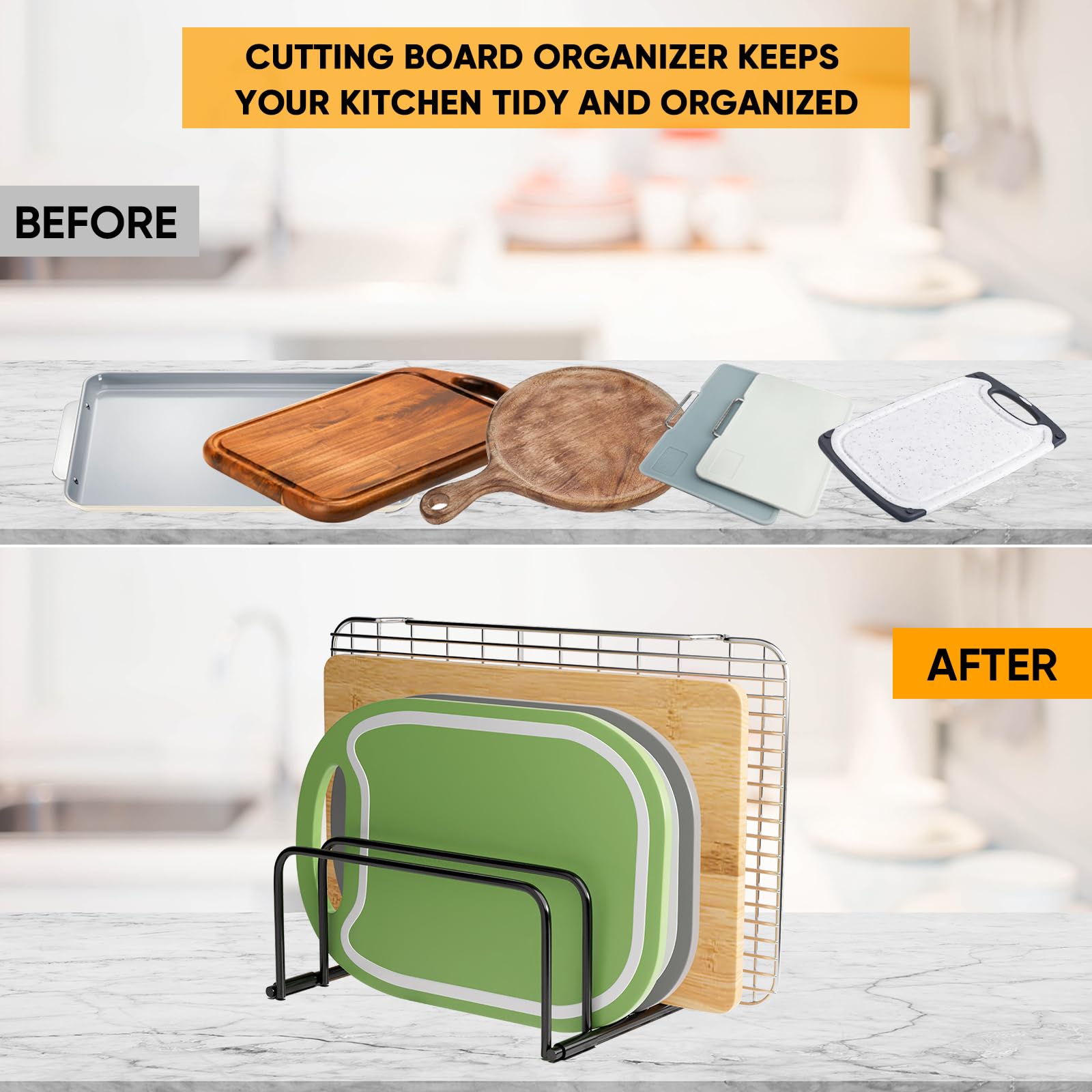 AKSONMN Metal Black Cutting Board Organizer Rack - Perfect Stand for Cutting Boards, Baking Sheets, Cookie Pans, and Bakeware - Ideal for Kitchen Cabinet & Countertop Storage