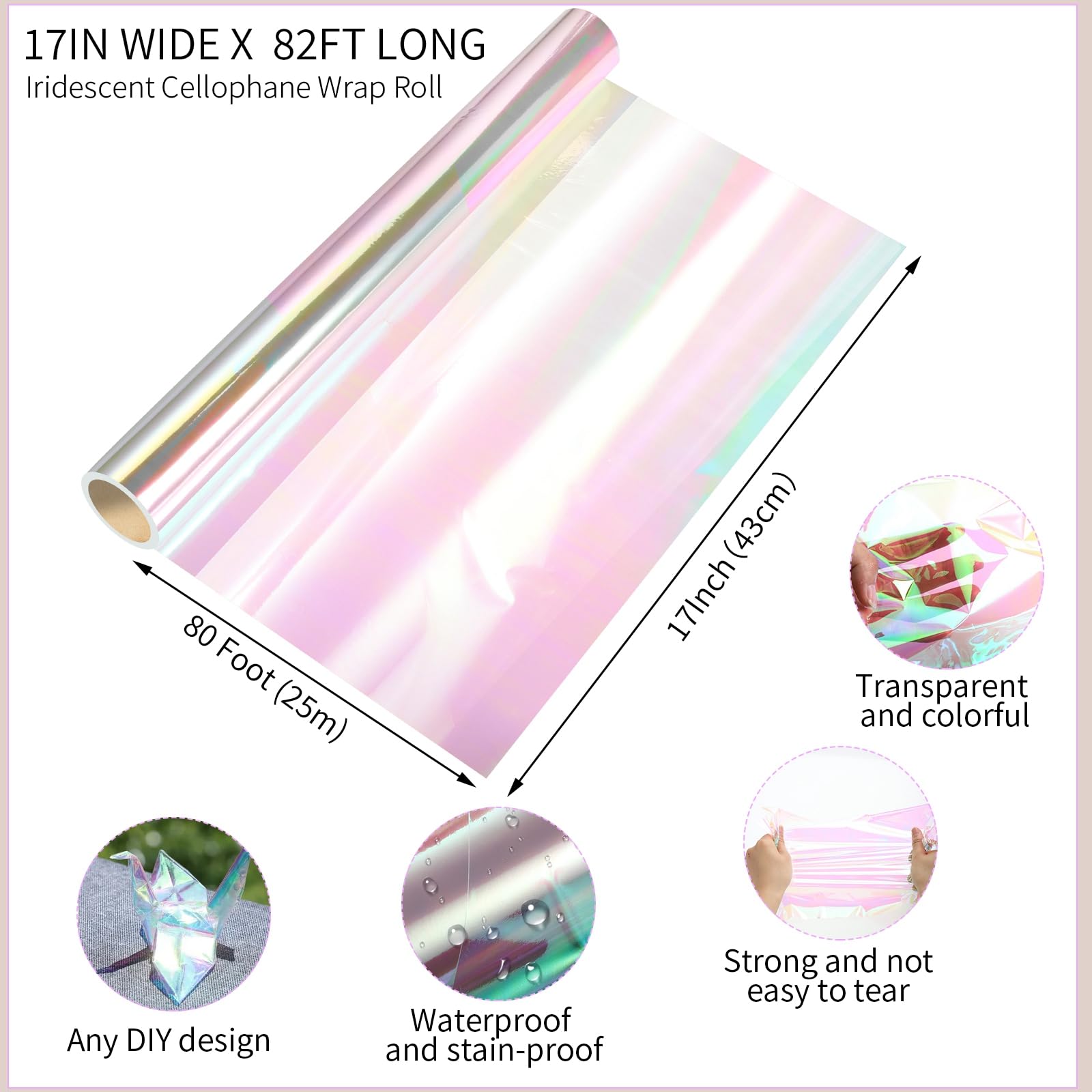 82 Ft X 17 In Cellophane Wrap for Gift Baskets Iridescent Cellophane Wrap Roll Gift Basket Wrapping Plastic for Treats Birthday Christmas Gifts DIY Crafts