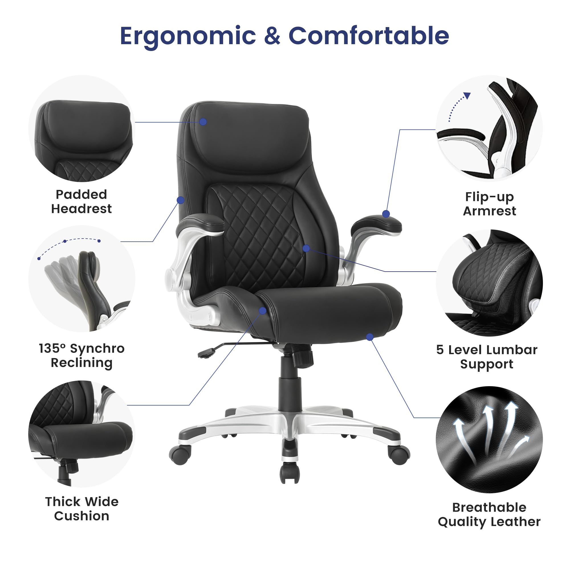 Nouhaus Ergonomic Office Chair Premium Microfiber Leather Adjustable Lumbar Support & Armrests, High Back Comfy Desk Gaming Chairs Executive Computer Swivel Chair Tilt Function(Posture,Black)