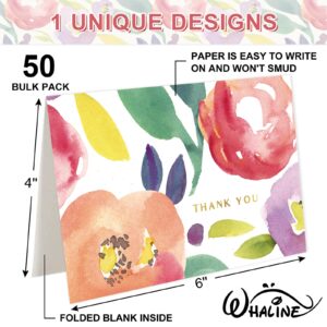 Whaline 50 Pack Floral Thank You Cards Boxed Pink Watercolor Flower Gold Foil Greeting Cards with Envelopes Stickers Blank Note Cards for Wedding Bridal Baby Shower Birthday, 4 x 6 Inch