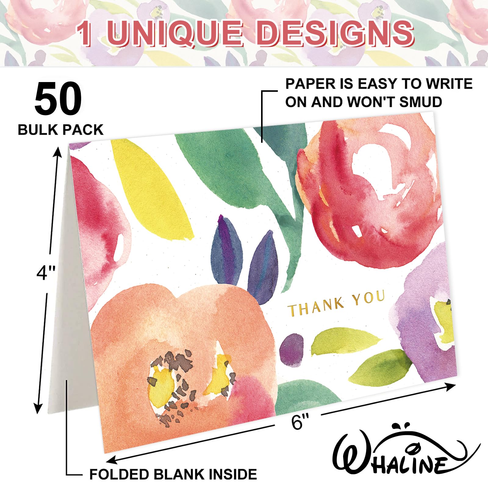 Whaline 50 Pack Floral Thank You Cards Boxed Pink Watercolor Flower Gold Foil Greeting Cards with Envelopes Stickers Blank Note Cards for Wedding Bridal Baby Shower Birthday, 4 x 6 Inch