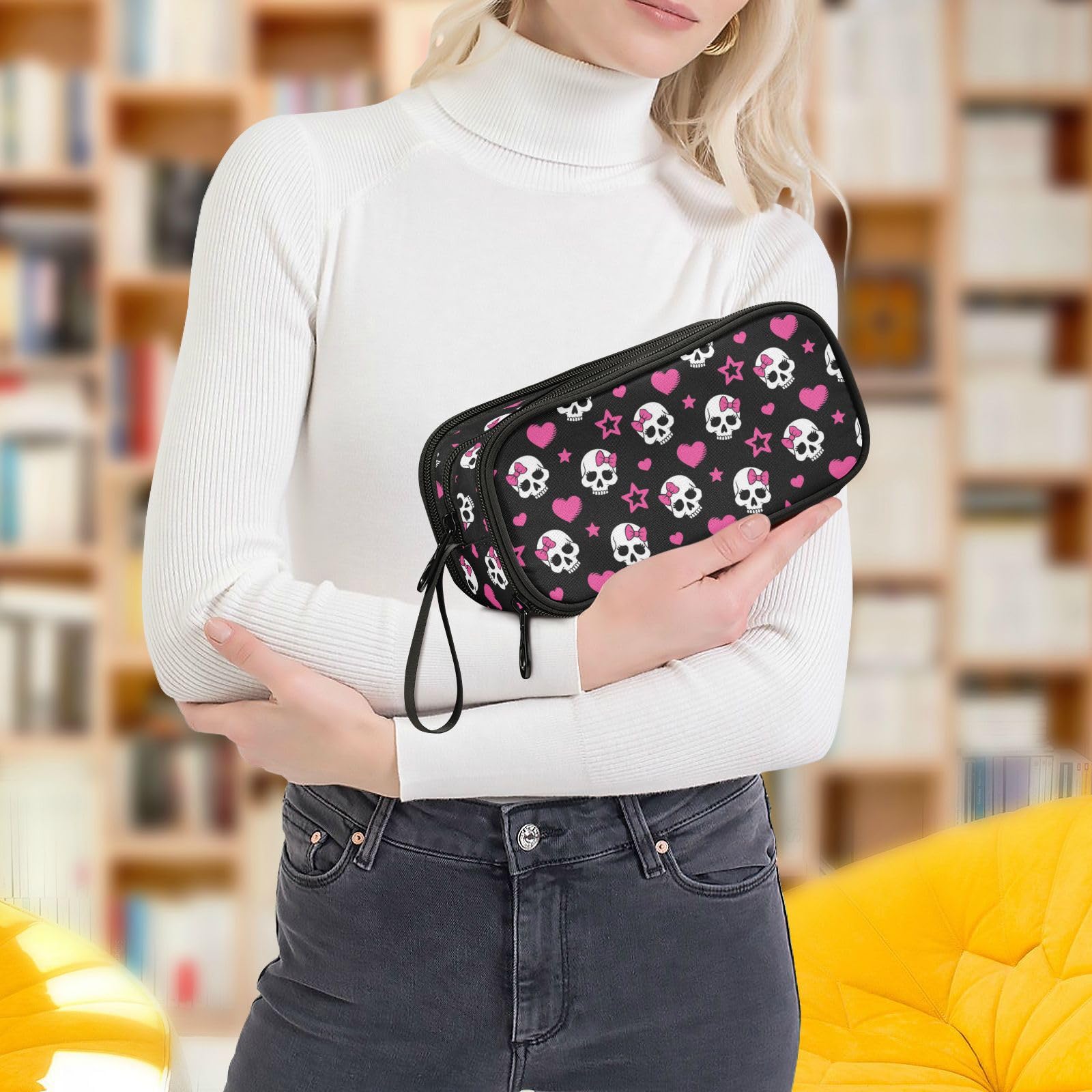 Pencil Case Big Capacity for Girl Boy Pink Hearts Skulls Stars Black Student Pencil bag Pen Pouch Large Stationery 3 Compartments Zippers Organizer School College Office Teens Adults