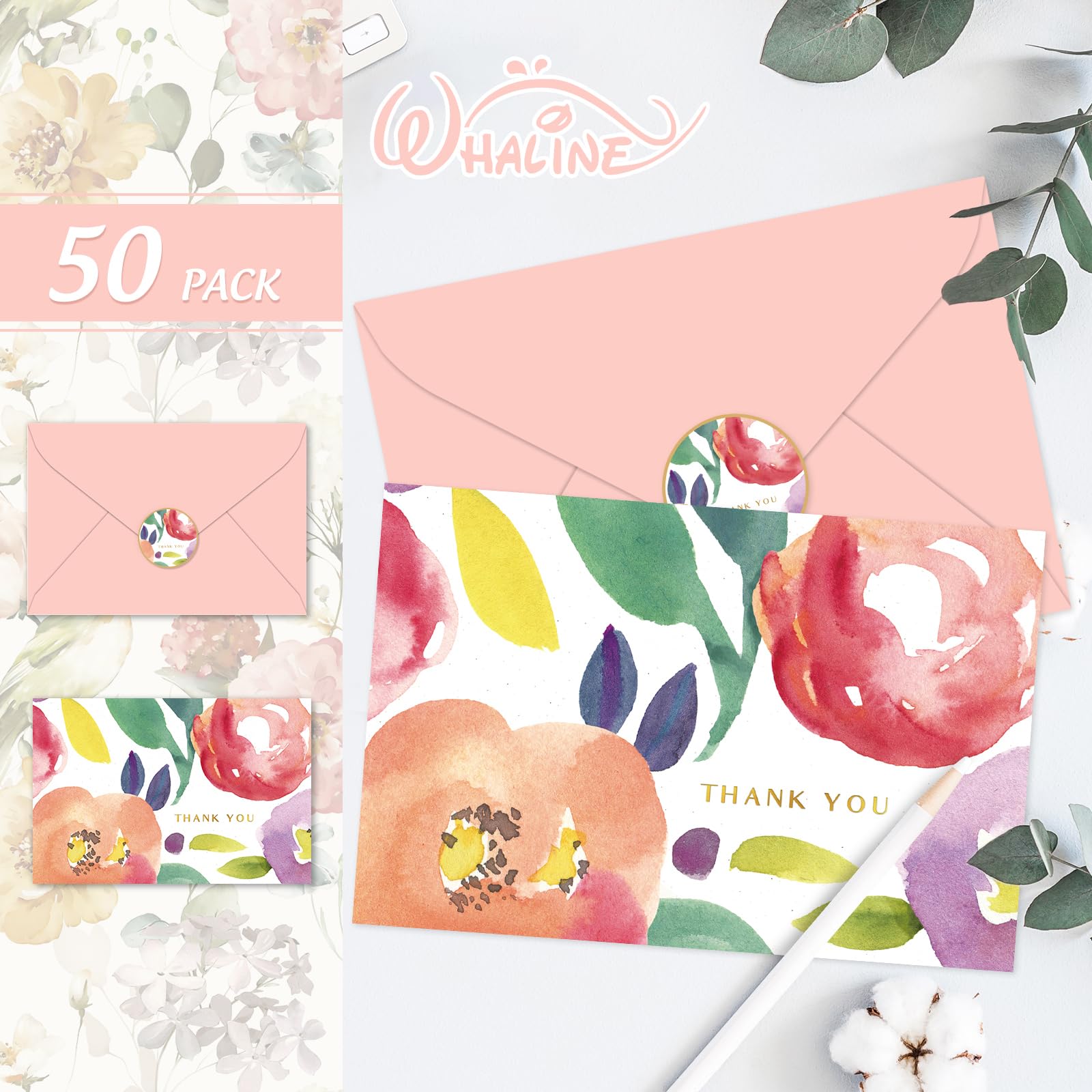 Whaline 50 Pack Floral Thank You Cards Boxed Pink Watercolor Flower Gold Foil Greeting Cards with Envelopes Stickers Blank Note Cards for Wedding Bridal Baby Shower Birthday, 4 x 6 Inch