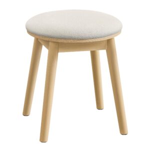 songmics home bohoven collection - vanity stool, upholstered makeup stool with solid wood legs, round footstool, non-slip foot pads, boho style, for bedroom, makeup room, cream white and oak beige