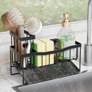 casaculina sponge holder for kitchen sink, sink caddy with detachable brush holder and stainless steel self drain tray, rustproof sink organizer for countertop dish soap dispenser brush storage