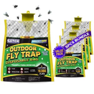 outdoor fly trap bags (5 pack), disposable, hanging fly catcher with bait, outdoor use fly hunter repellent control catcher killer, flies trap for barn, farm, mosquito, bugs, gnats, ready to use