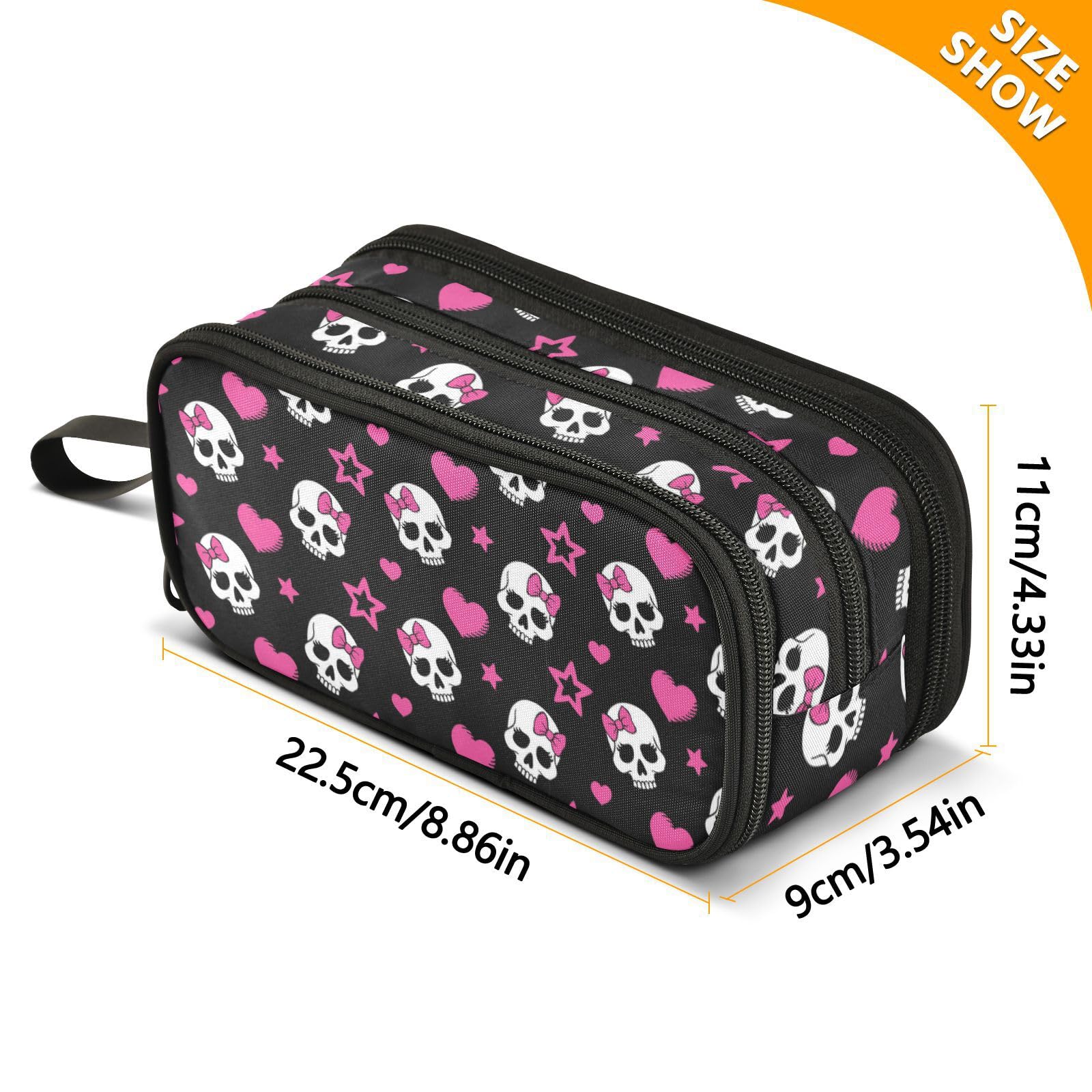 Pencil Case Big Capacity for Girl Boy Pink Hearts Skulls Stars Black Student Pencil bag Pen Pouch Large Stationery 3 Compartments Zippers Organizer School College Office Teens Adults