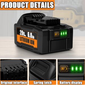 2 Pack 20V 6.0Ah Max Replacement Battery for Dewalt - Upgraded Lithium ion Batteries Compatible with Dewalt Charger DCB200 DCB201 DCB203 DCB206 DCB210 DCD DCF DCG Cordless Power Tools (Black)