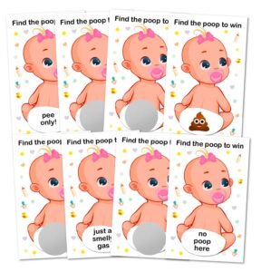 baby shower girl scratch off poop game, easy to play silly games, fun idea, ice breaker activity. raffle cards, pink pacifier, set of 40 cards made in usa