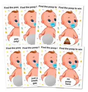 baby shower boy scratch off poop game, easy to play silly games, fun idea, ice breaker activity. raffle cards, blue pacifier, set of 40 cards made in usa