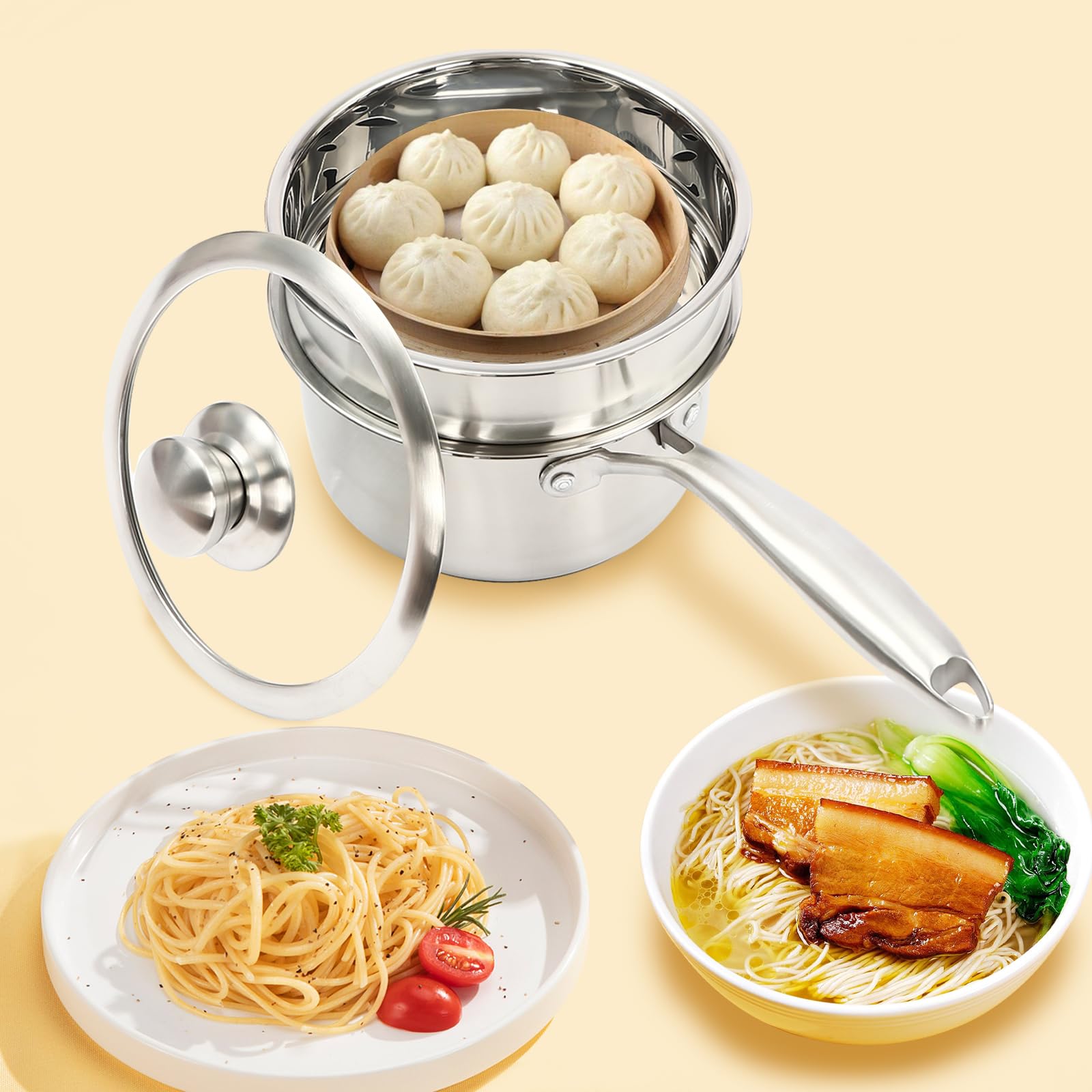 RABEEXP Stainless Steel Saucepan with Steamer 13L 1.37 QT Sauce Pan for Cooking with Lid and Handle, Double Layer Steaming Pot for Boiling Gravies, Pasta, Noodles, Compatible with All Stoves