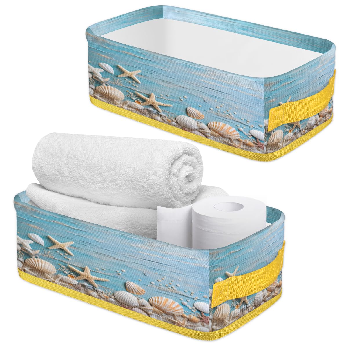 TULIMET Starfish Summer Beach Bathroom Basket for Storage, Fabric Toilet Tank Paper Basket with Handle for Organizing, Small Storage Bins Bathroom Decorative Box