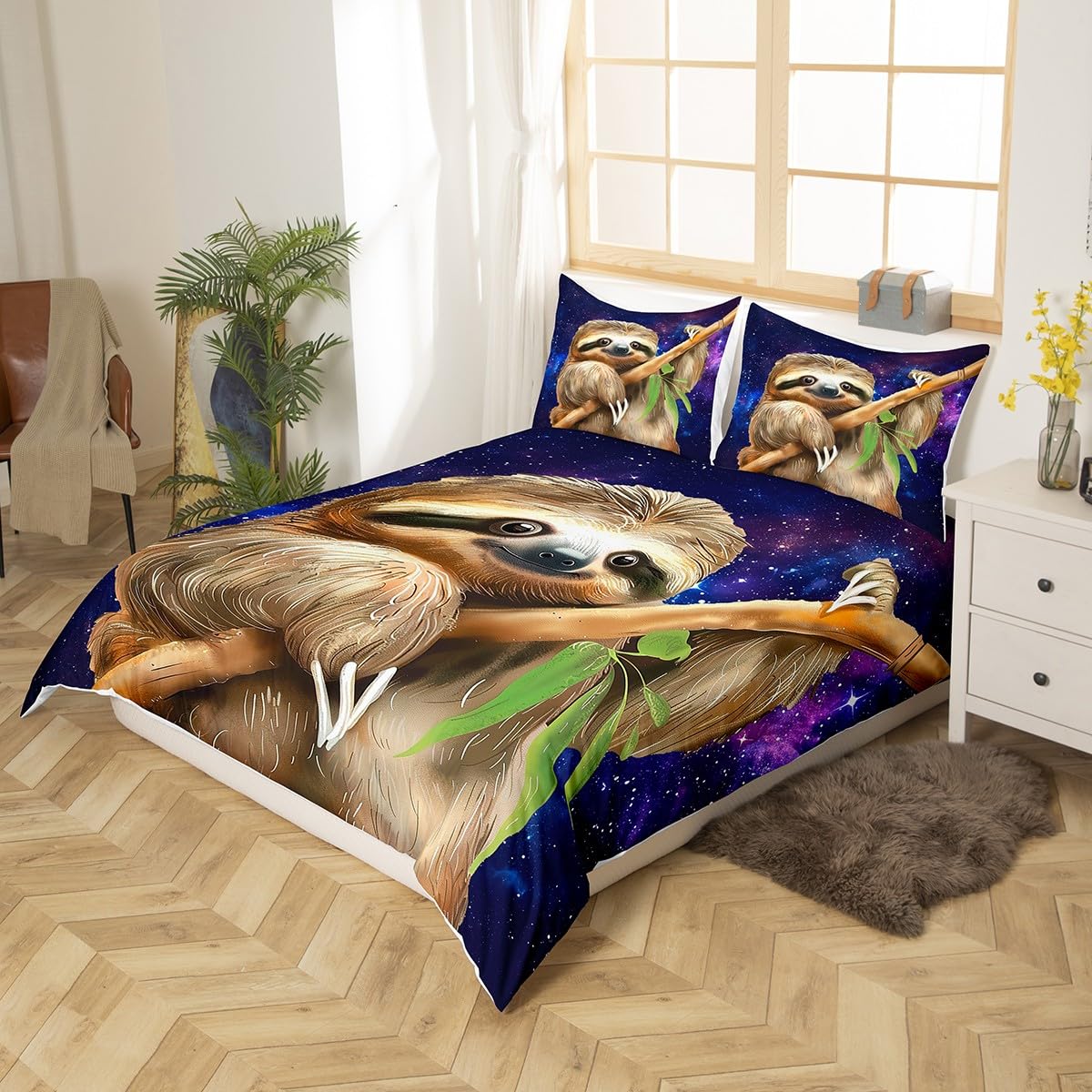 Cute Sloth Duvet Cover Queen Size,Universe Galaxy Comforter Cover with 2 Pillowcase for Teens Adults,Kids Cartoon Sloth Bedding Set,Starry Sky Breathable 3 Pieces Decorative Bed Cover