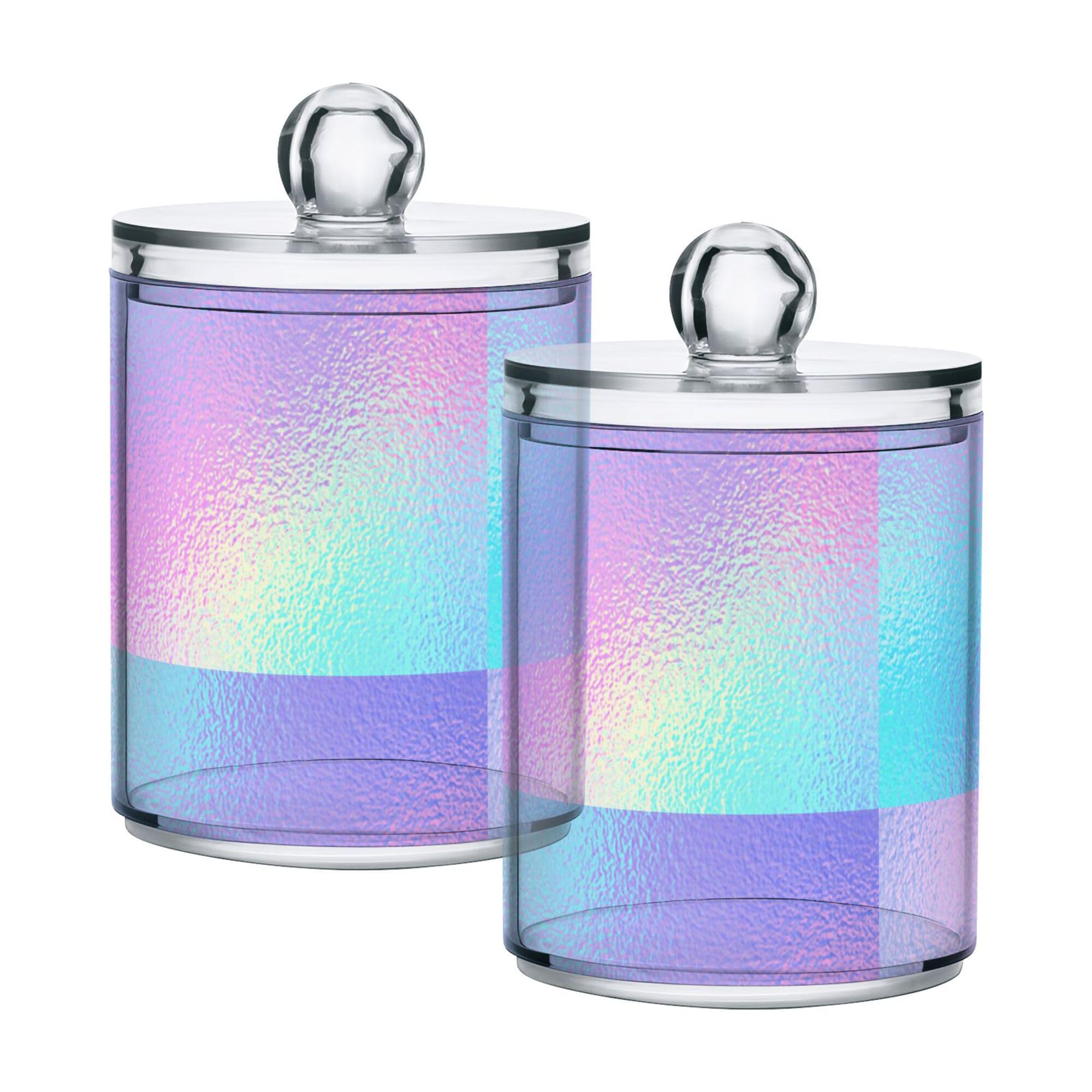 2 PACK Hologram Iridescent Foil Effect Qtip Holder Dispenser for Cotton Ball, Cotton Swab, Cotton Round Pads, Floss Picks - Plastic Apothecary Jar Set for Bathroom Canister Storage Organization