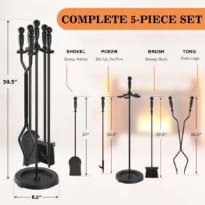 Gtongoko Fireplace Tools Set 5 Pcs 30.5 Inch Black Wrought Iron Large Fire Place Tool Set Indoor/Outdoor Include Poker, Shovel, Brush, Tong and Round Stand, Fireplace Kit Accessories Set