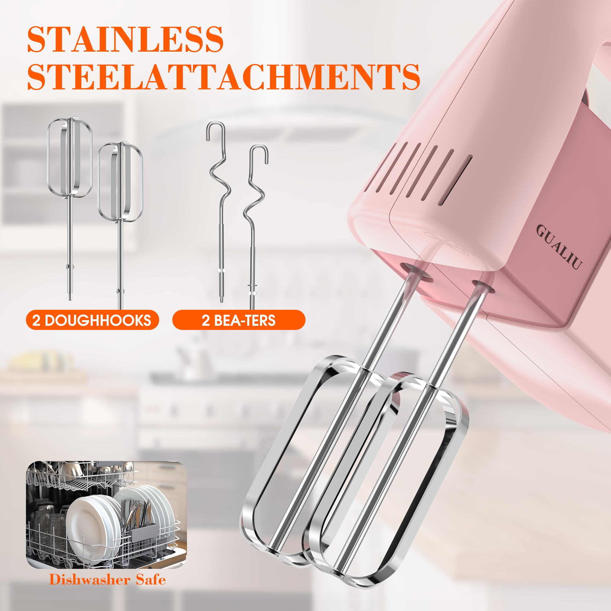 GUALIU 450W Electric Hand Mixer, 5-Speed Electric Mixer Food Mixer with 304 Stainless Steel Whisk Beaters, Dough Hooks & Storage Bag, Cake Mixer Handheld Mixer for Baking & Cooking, Turbo Boost/Pink