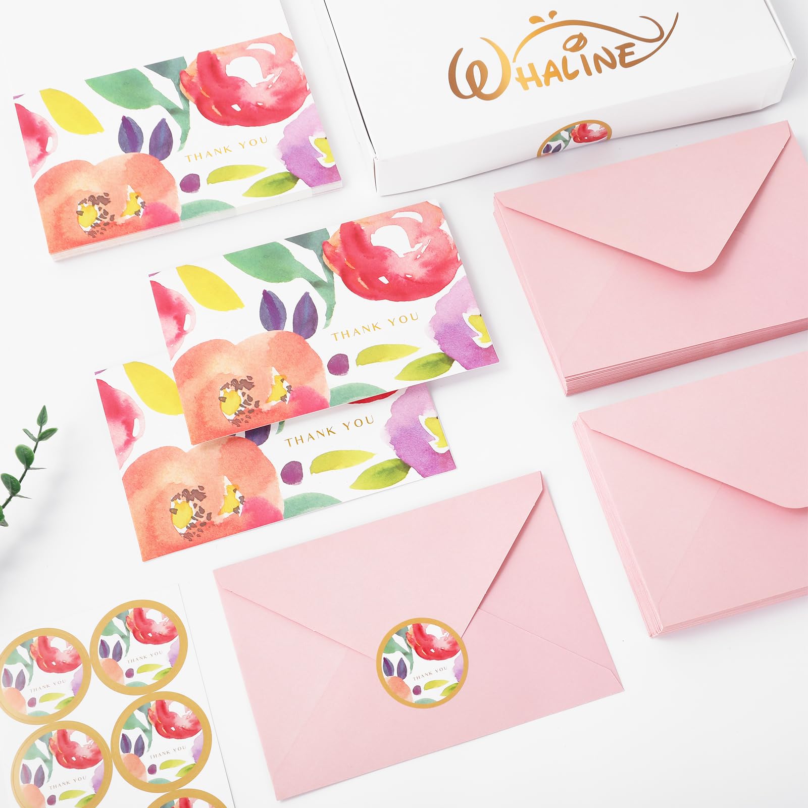 Whaline 50 Pack Floral Thank You Cards Boxed Pink Watercolor Flower Gold Foil Greeting Cards with Envelopes Stickers Blank Note Cards for Wedding Bridal Baby Shower Birthday, 4 x 6 Inch