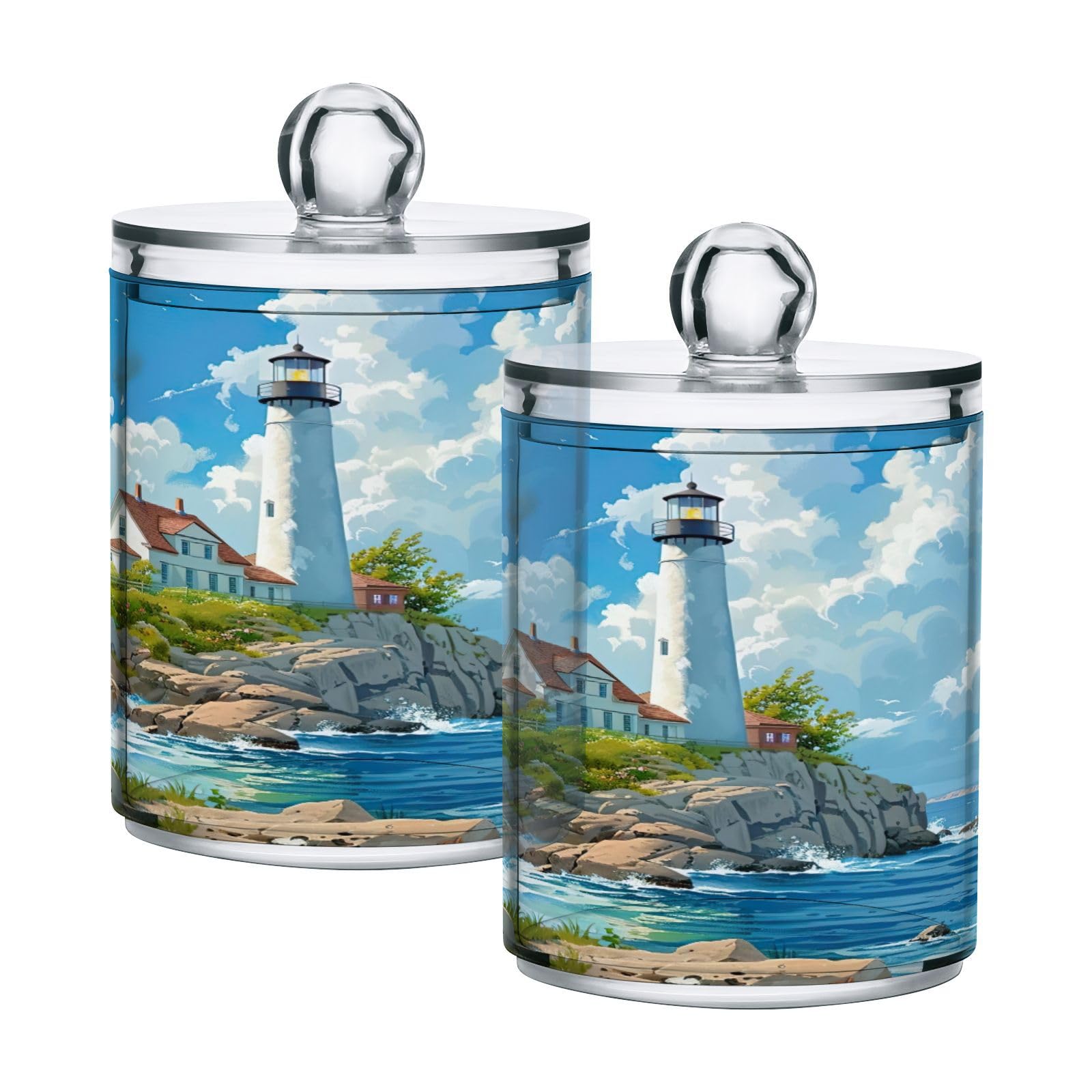 Zhirexin Clouds Lighthouse 2PC Airtight Transparent Plastic Storage Jar Glass Food Storage Container Glass, Can Store Candy, Salt, Coffee Beans, With lid, Easy To Use