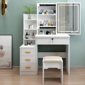 vanity desk, makeup vanity desk with sliding mirror and lights, makeup vanity set with drawers, stool and open shelves, 3 color lighting modes, brightness adjustable dressing table for bedroom