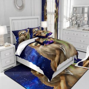 Cute Sloth Duvet Cover Queen Size,Universe Galaxy Comforter Cover with 2 Pillowcase for Teens Adults,Kids Cartoon Sloth Bedding Set,Starry Sky Breathable 3 Pieces Decorative Bed Cover