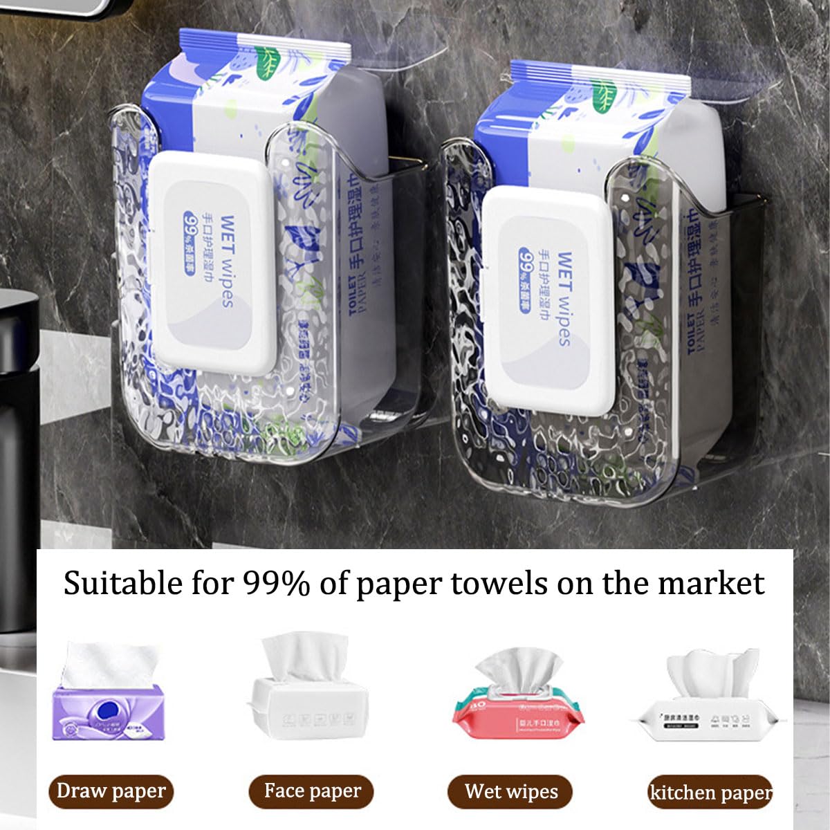 Kitchen Wipes Storage Box, No Punching Self-Adhesive Wall-Mounted Toilet Paper Holder Tissue Storage Holder Box Hand Towel Storage Rack Wet Wipes Dispenser for Kitchen Bathroom Toilet (2 PCS)