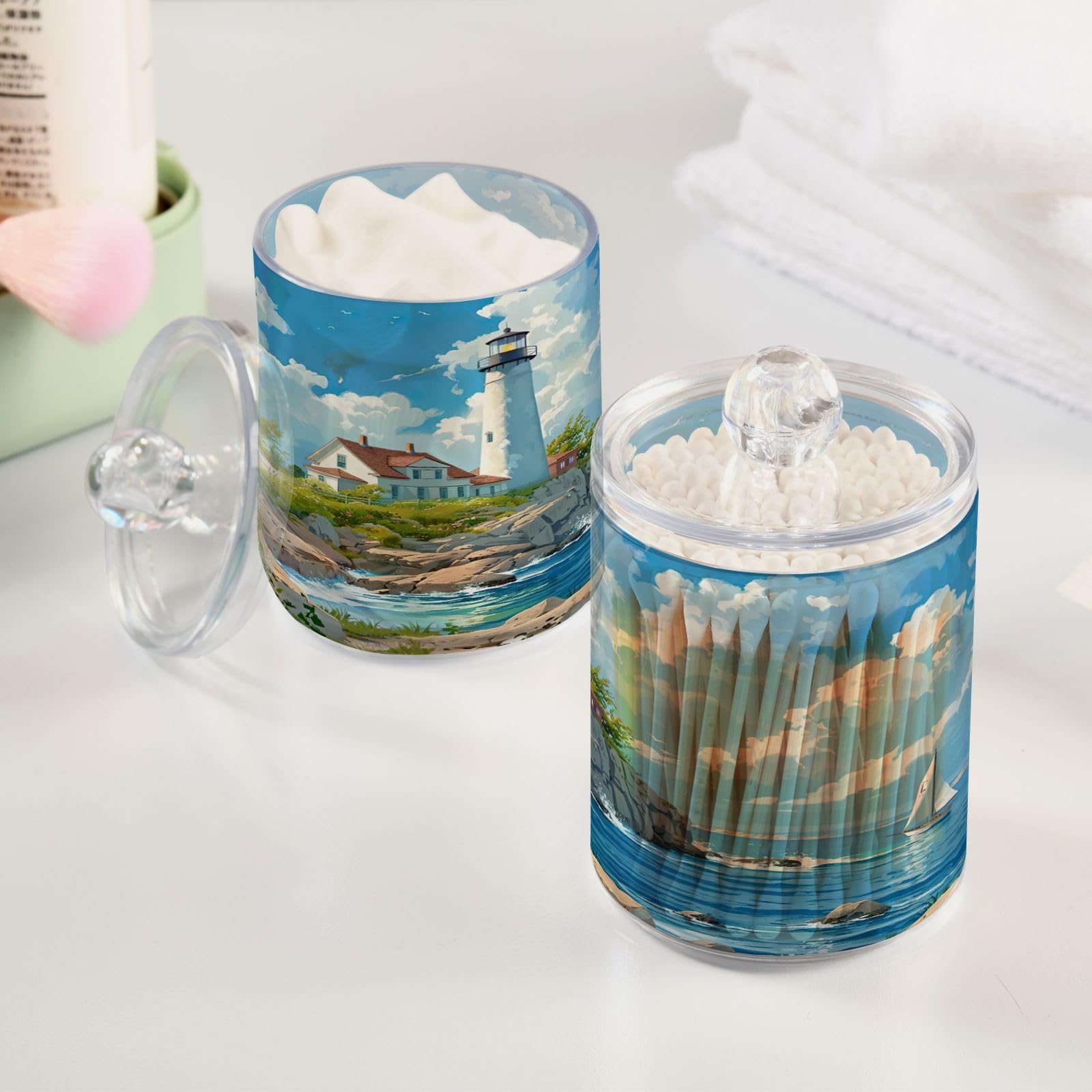 Zhirexin Clouds Lighthouse 2PC Airtight Transparent Plastic Storage Jar Glass Food Storage Container Glass, Can Store Candy, Salt, Coffee Beans, With lid, Easy To Use