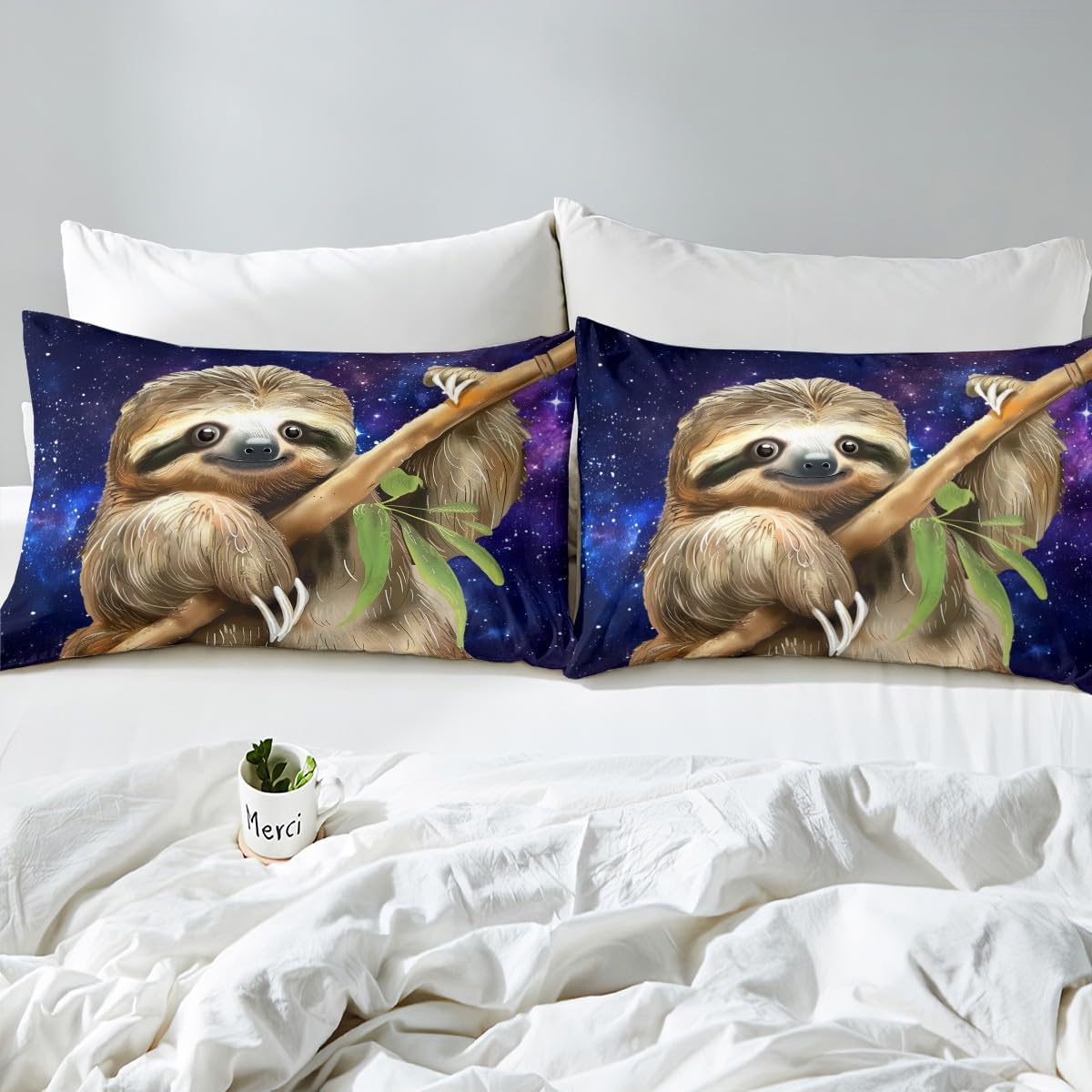 Cute Sloth Duvet Cover Queen Size,Universe Galaxy Comforter Cover with 2 Pillowcase for Teens Adults,Kids Cartoon Sloth Bedding Set,Starry Sky Breathable 3 Pieces Decorative Bed Cover