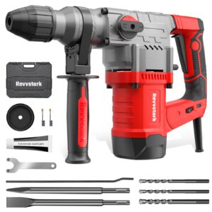 rotary hammer drill, revvstark 13 amp 1-1/4 inch sds-plus heavy duty rotary hammer drill powerful, safety clutch 4 functions, vibration control including grease, chisels, drill bits and case